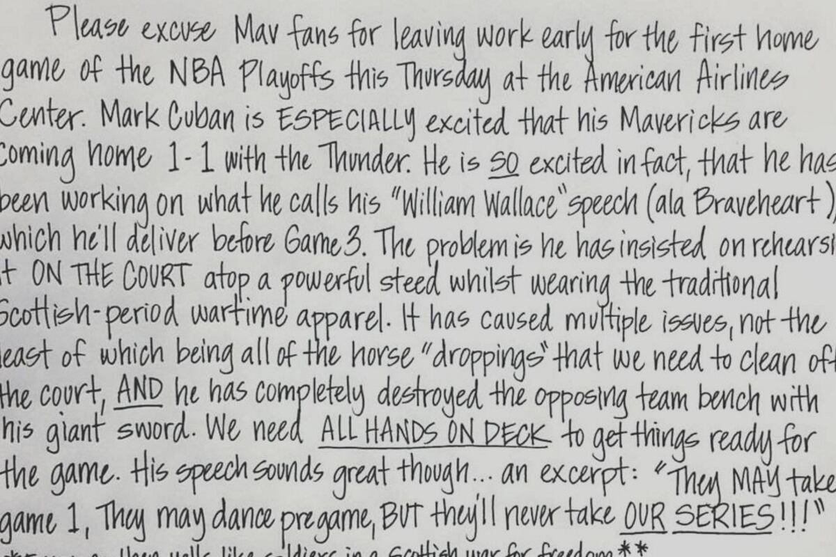 Mark Cuban Provides Excuse Note for Mavs Fans to Give to Bosses for ...
