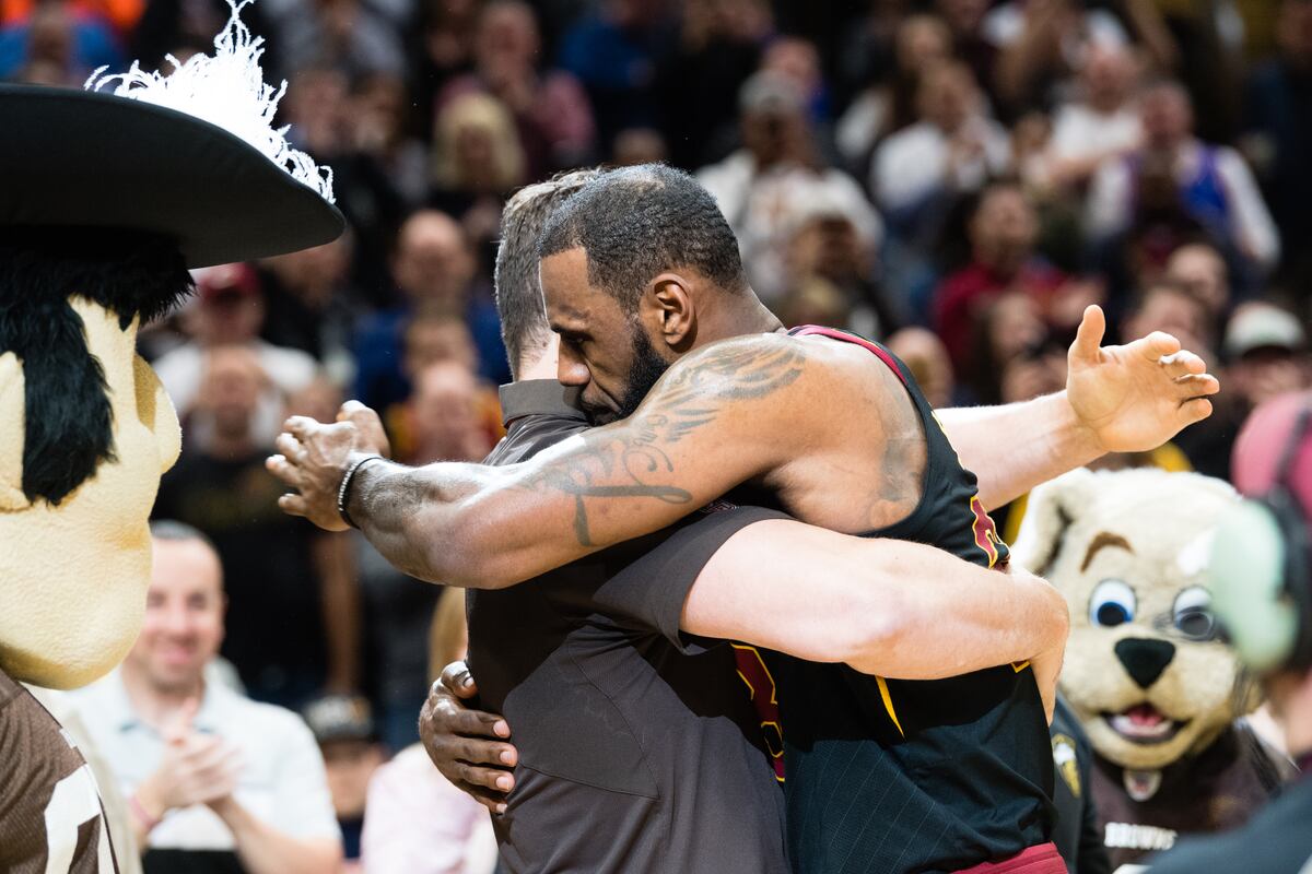 LeBron James, Joe Thomas Embrace on the Court Before Bucks vs ...