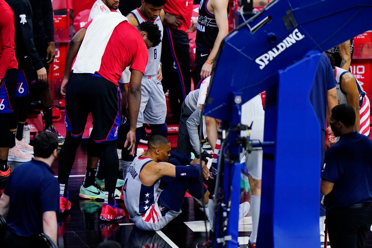 Russell Westbrook Exits Wizards vs. 76ers Game 2 with Ankle Injury ...